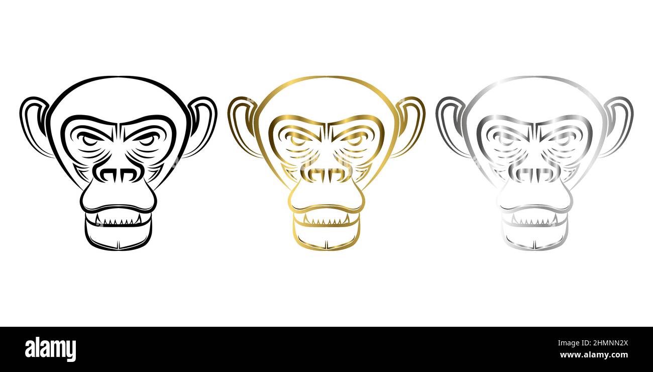 Three color black gold and silver line art of chimpanzee head Good use ...