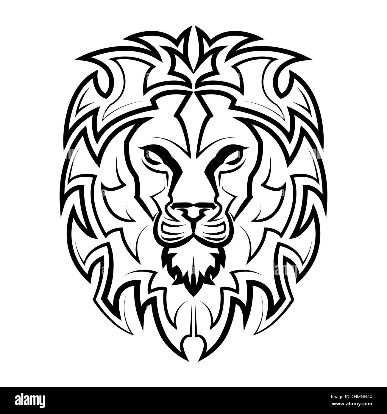 Black and white line art of the front of the lion's head. It is sign of ...