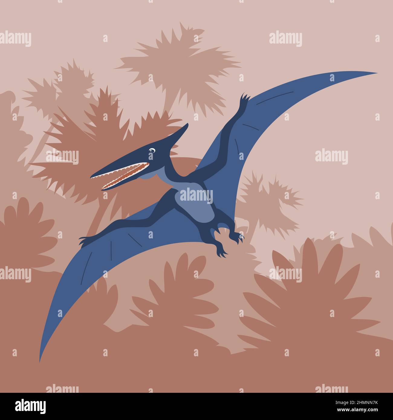 The ancient lizard pteranodon flies on the background of the forest ...