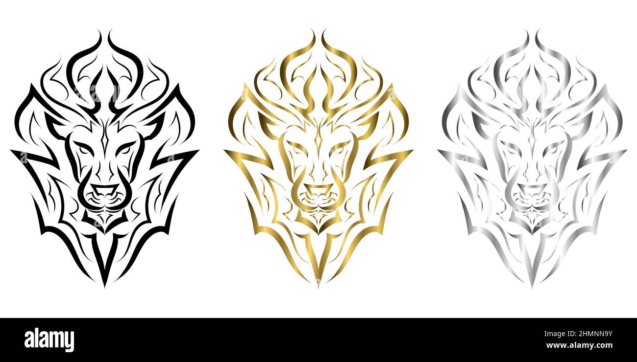 Three color black gold and silver line art of the front of the lion ...