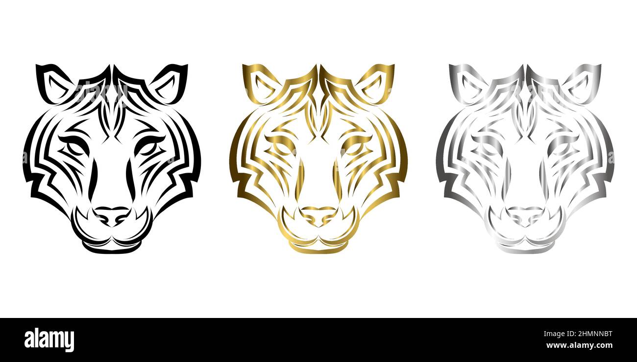 Three color black gold and silver line art of tiger head Good use for symbol mascot icon avatar ...