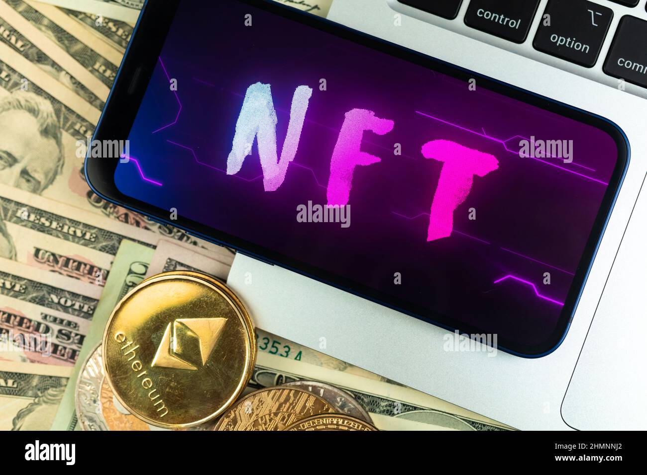 NFT non fungible token background with money. Modern blockchain ...