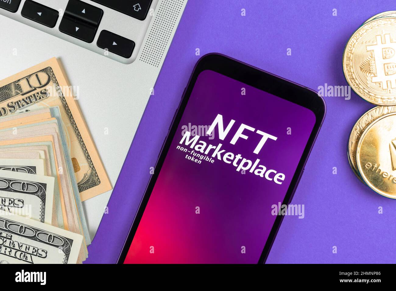 NFT cryptoart marketplace concept. Mobile phone for working with non ...