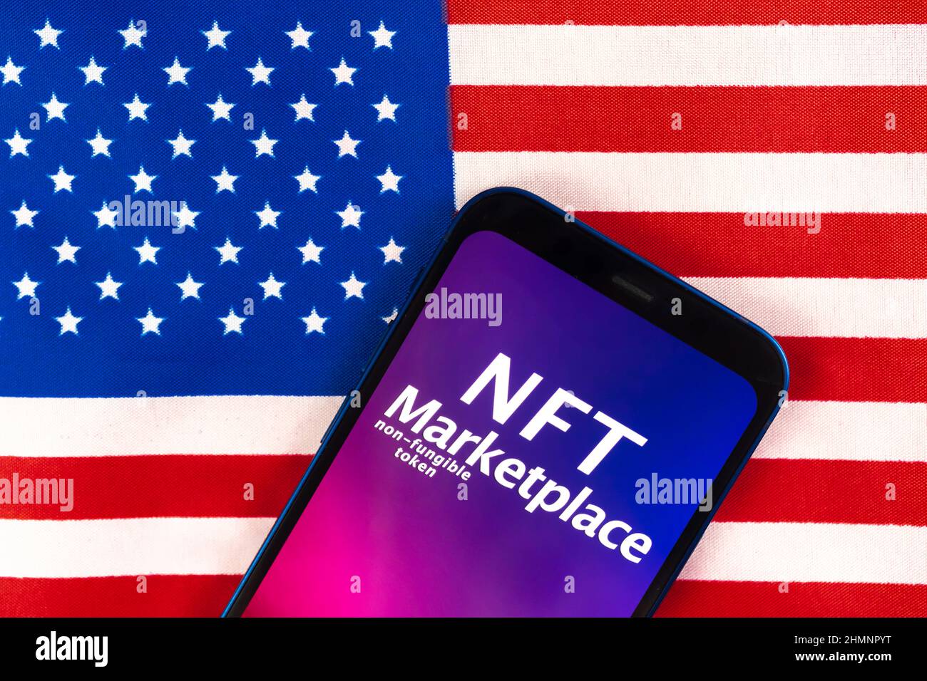 NFT marketplace in USA, United States of America flag background. Non ...