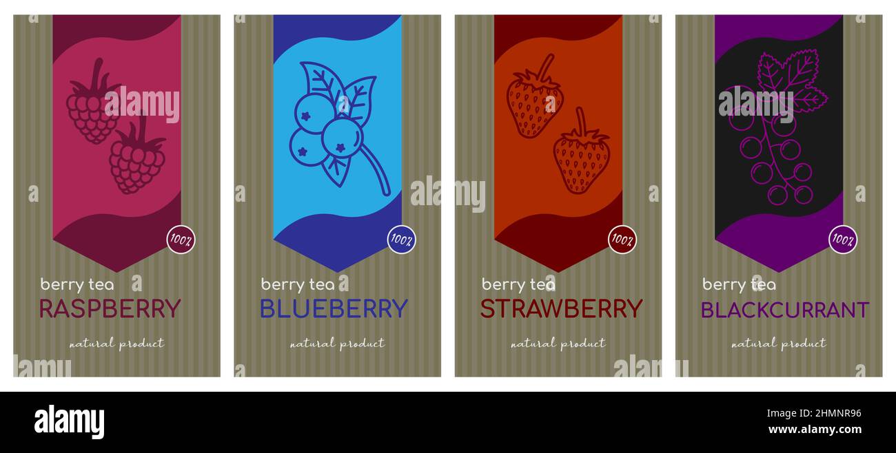 Vector set of berry tea labels with contour drawings of berries and ...