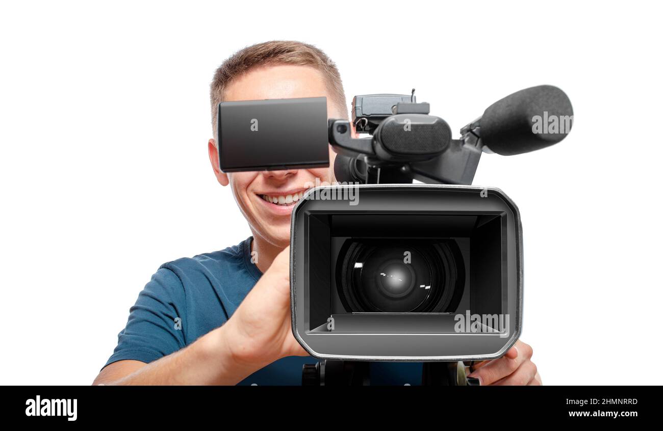 Cameraman isolated on a white background Stock Photo - Alamy