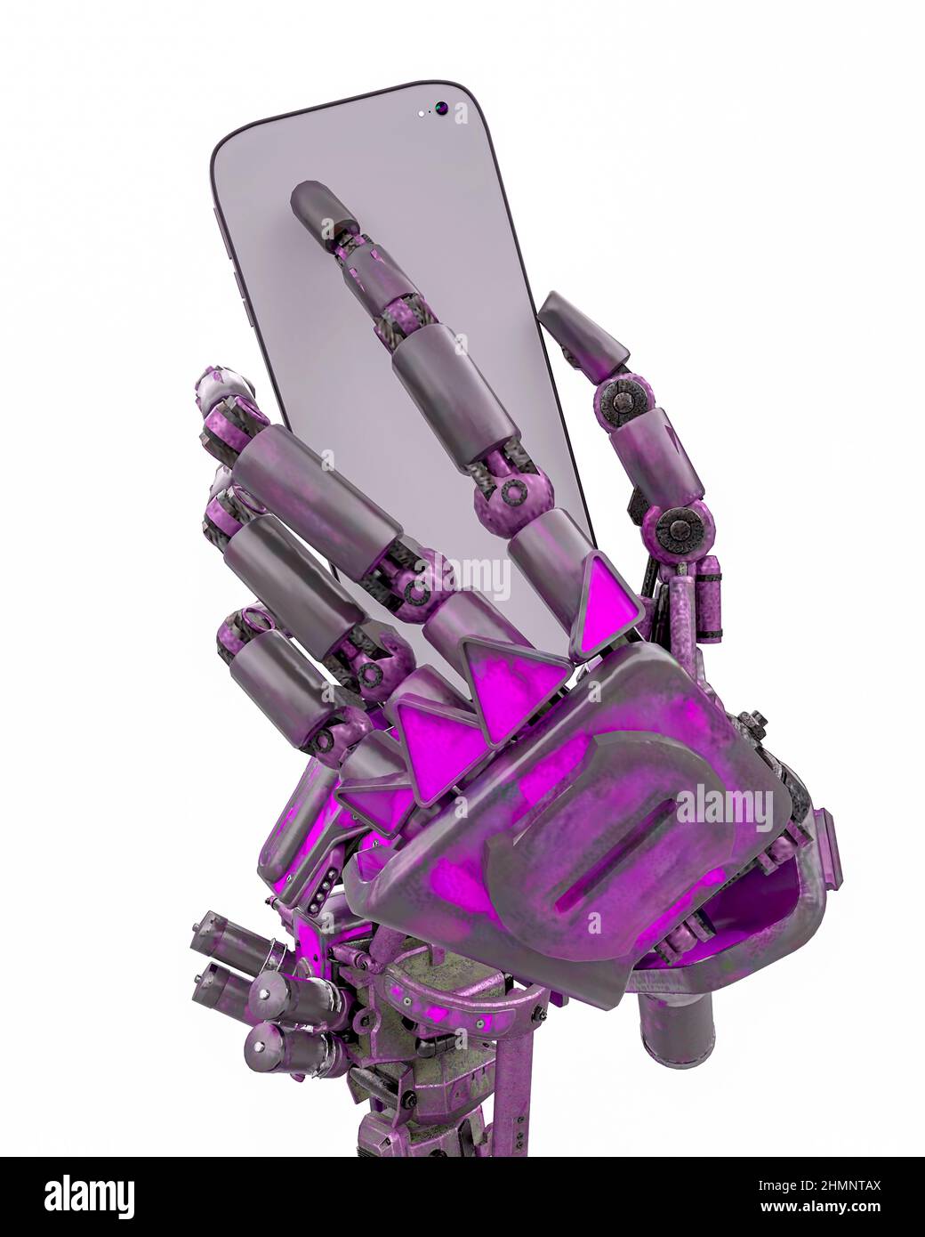 mega drone soldier robot is holding a cellphone close up view, 3d ...