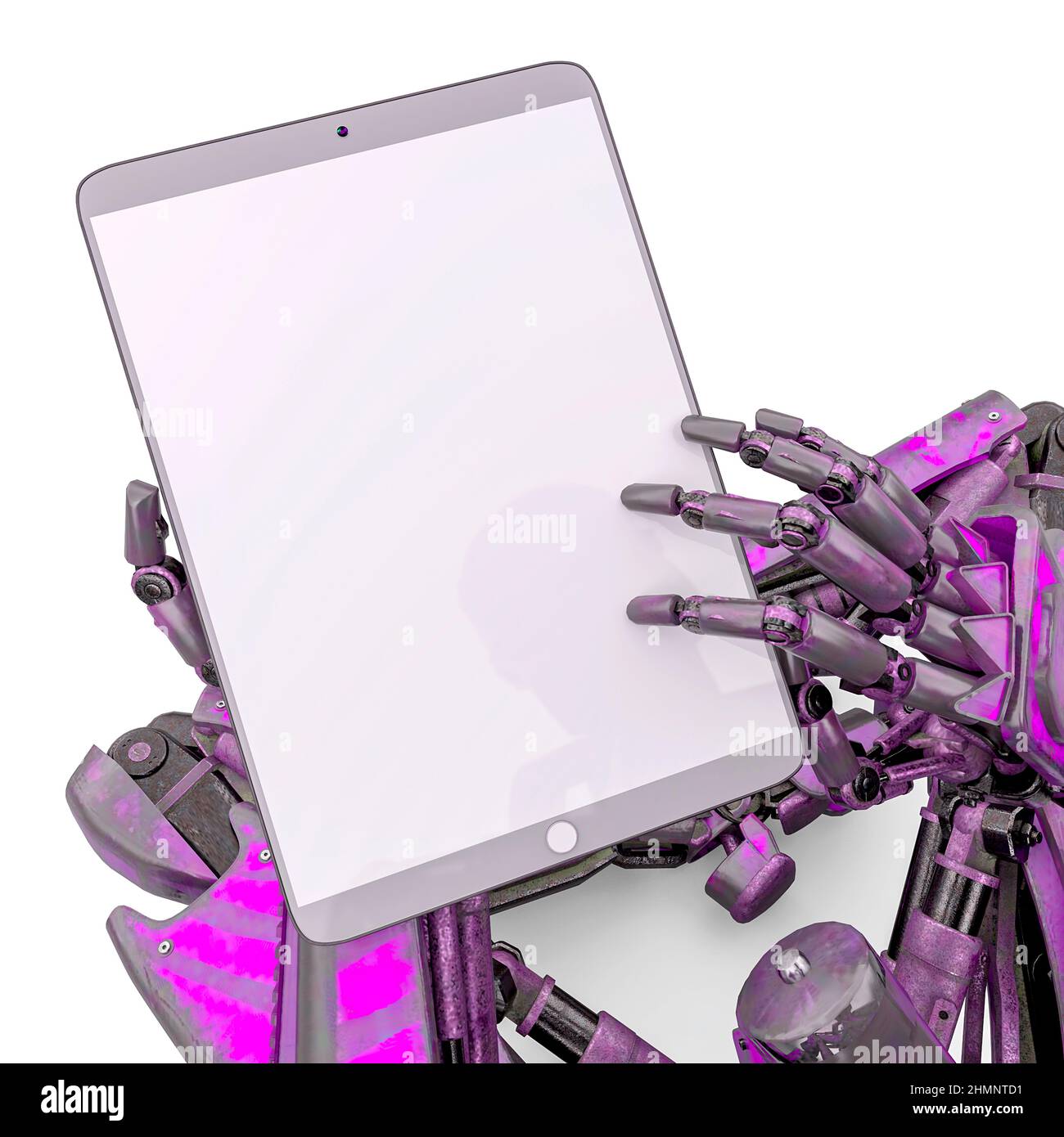 mega drone soldier robot is using a tablet with white screen close up ...