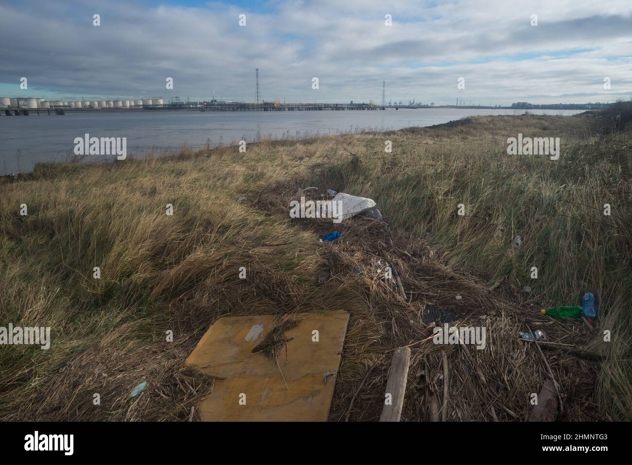 Flotsam and jetsam rubbish collected on grasses onThames side river ...