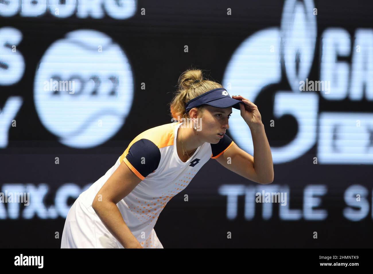 Elise Mertens of Belgium plays against Maria Sakkari of Greece during ...