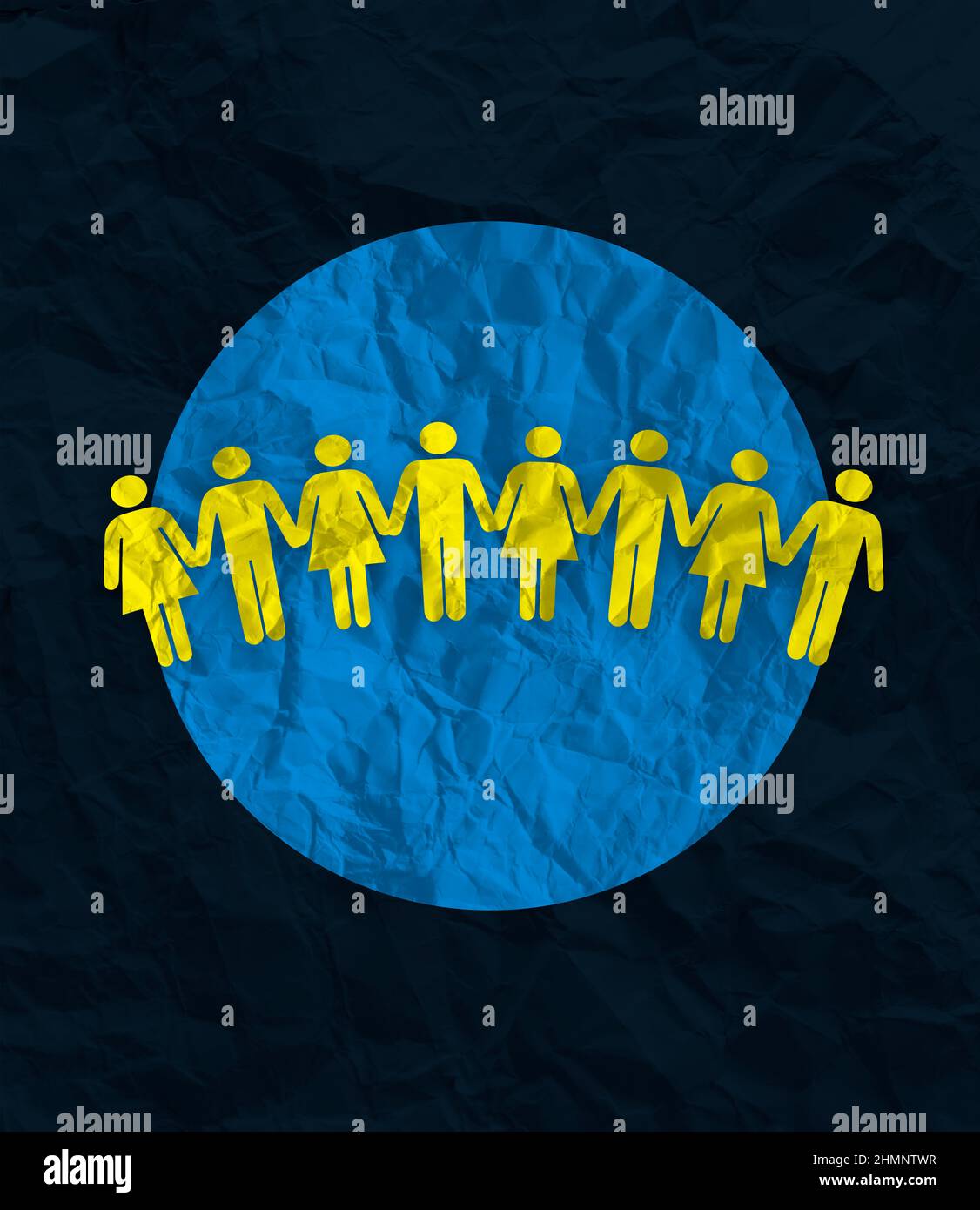 Contemporary artwork. Chain of people standing around planet Earth ...