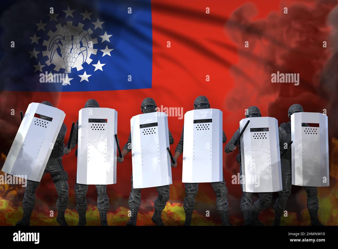 Myanmar police guards in heavy smoke and fire protecting order against ...