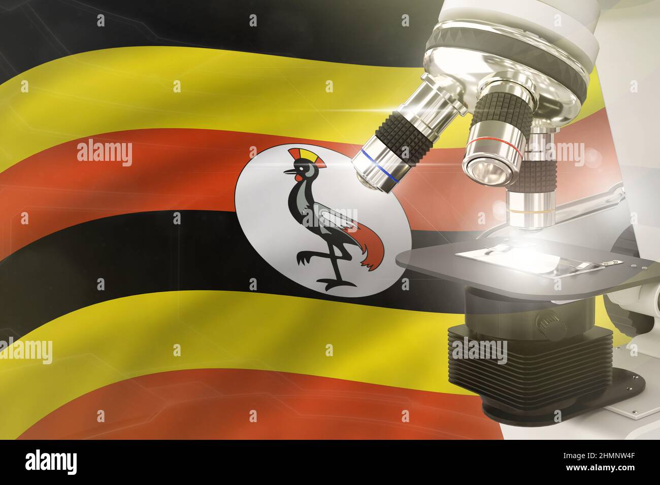Microscope on Uganda flag background - science development concept ...