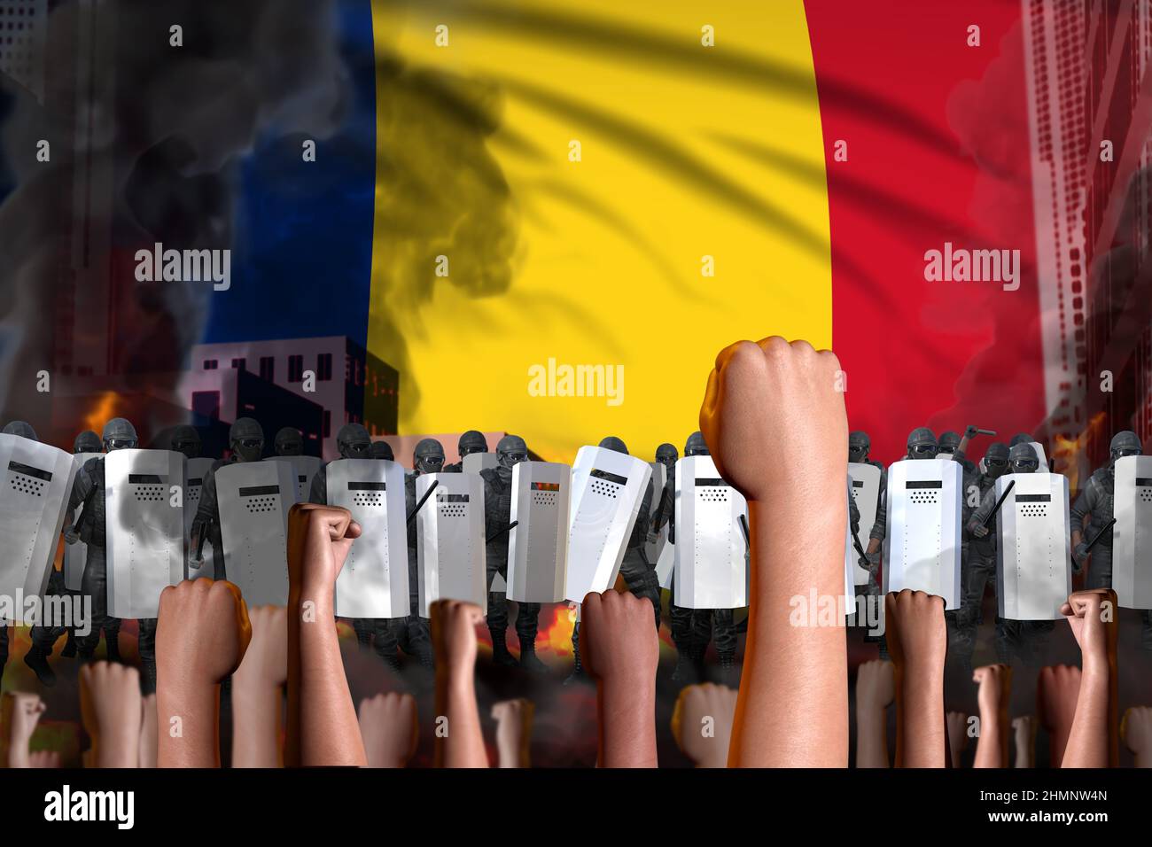 riot stopping concept - protest in Romania on flag background, police ...