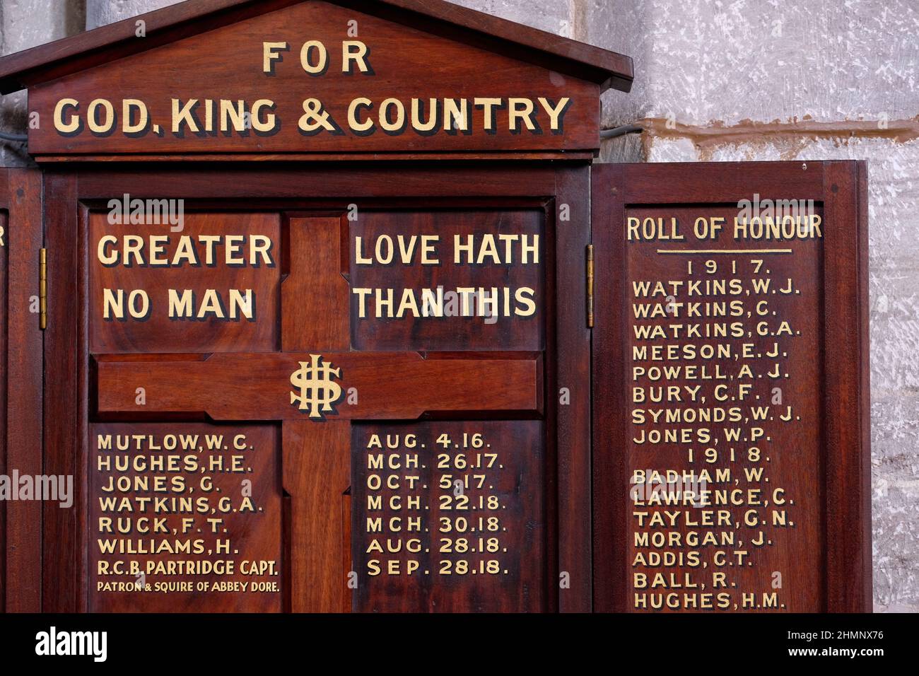 War Memorial roll of honour from the First World War inside Dore Abbey ...