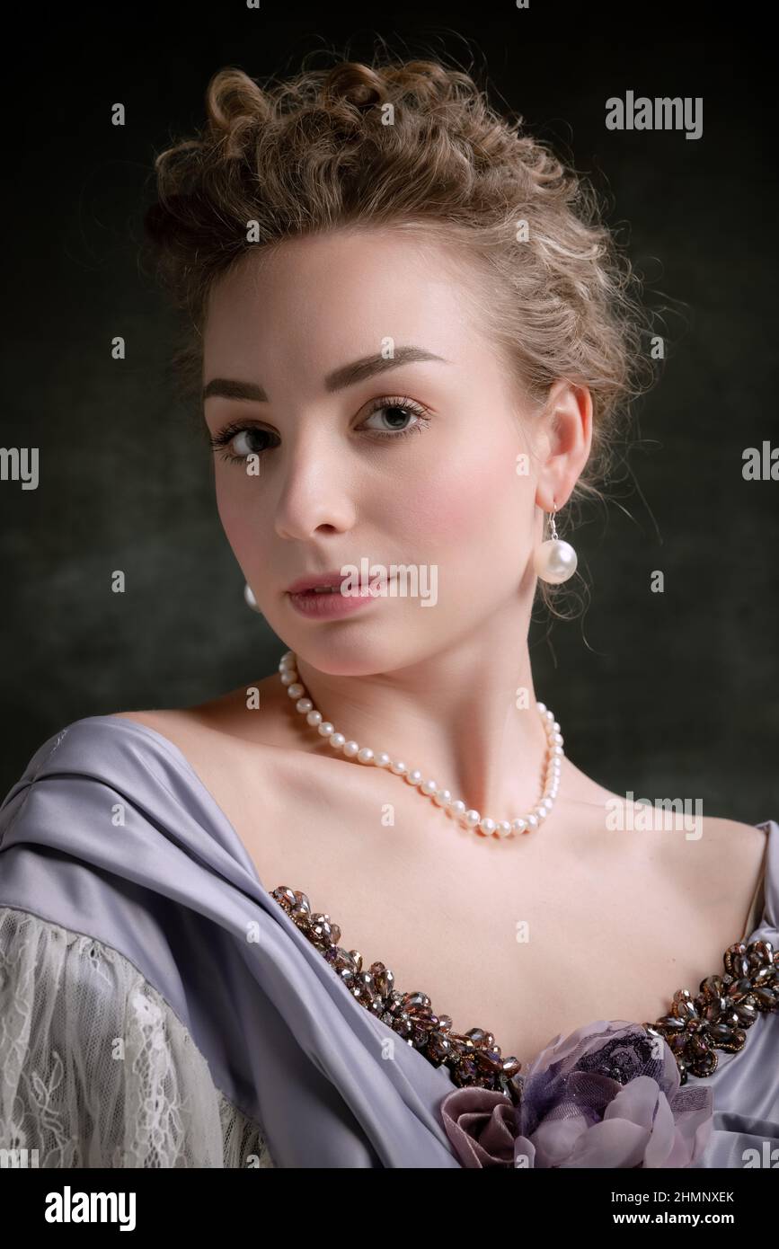 Closeup portrait of young adorable girl in image of medieval royal ...