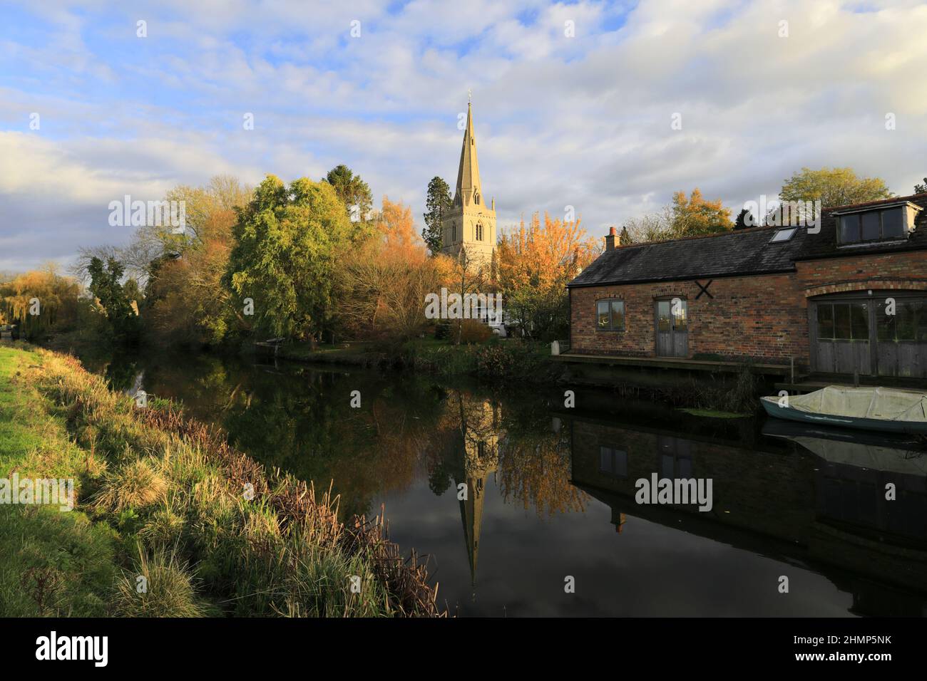 Holy Trinity church, river Nene, Denford village on the river Nene ...