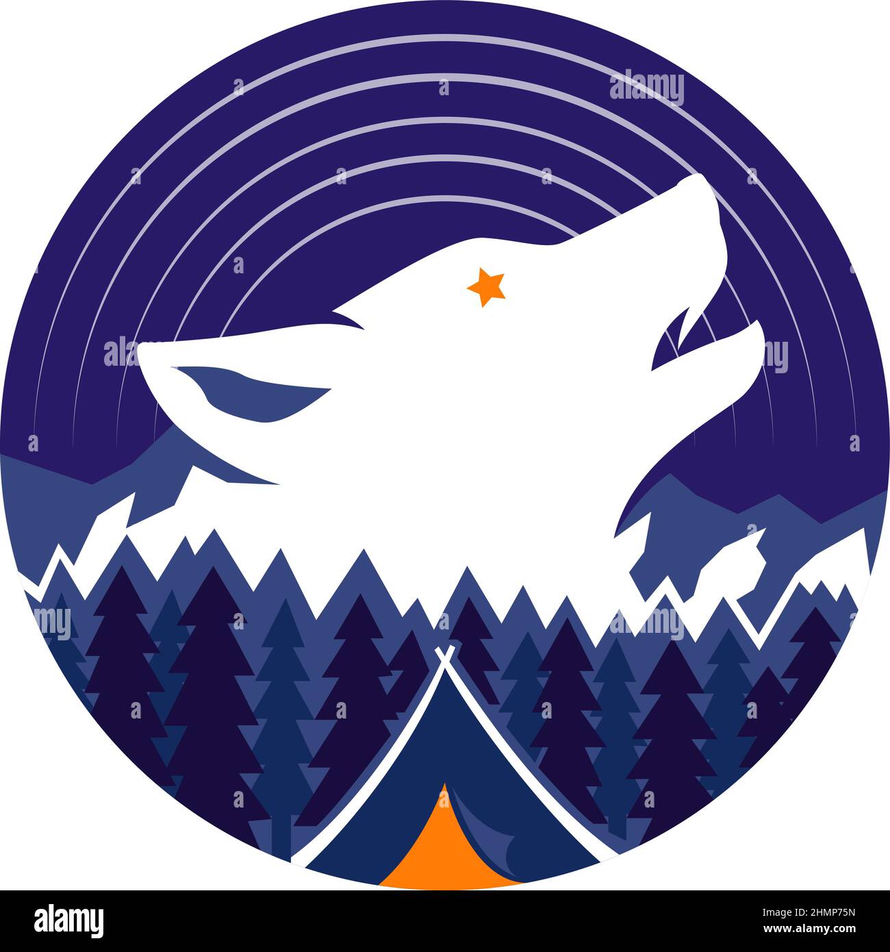 Camping Logo with Sky, Stars, Forest, Tent and A Wolf Howling Stock ...