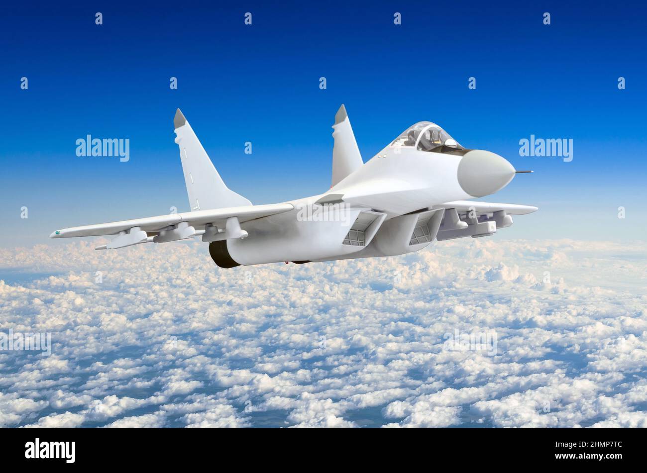 Military fighter aircraft at high speed, flying high in the dark blue ...