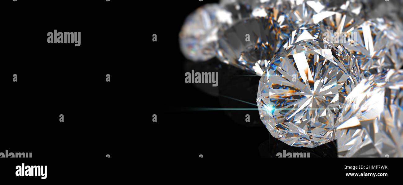 3D rendering illustration.Round cut diamond on black dark glossy ...