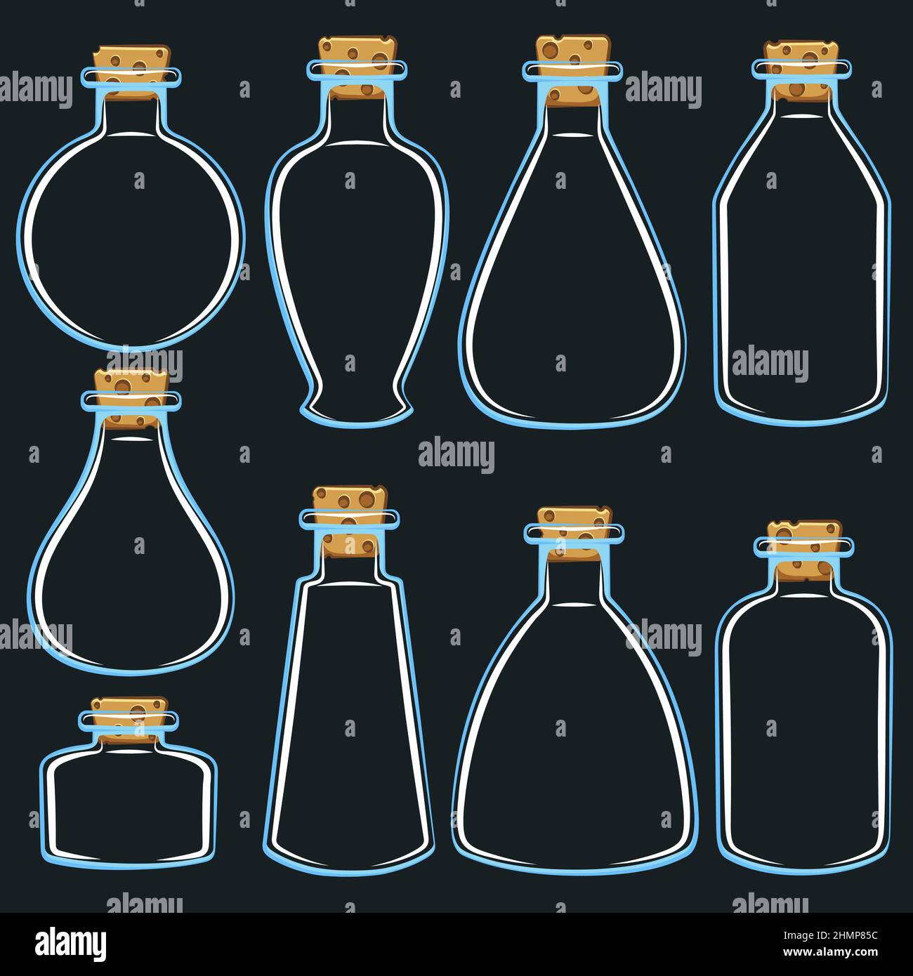 Set of blue cans, vials, bottles. Isolated vector objects on black ...
