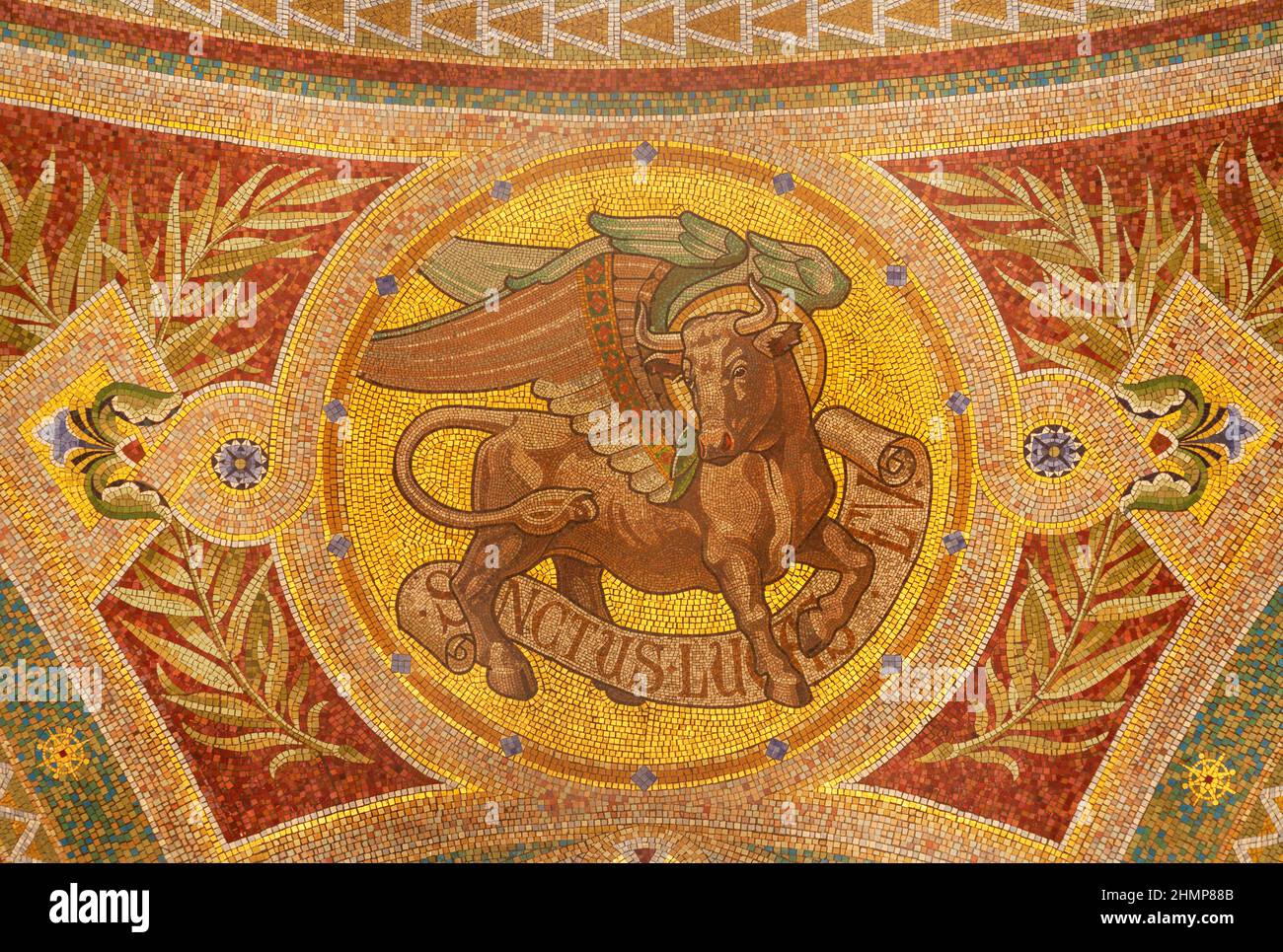 MADRID, SPAIN - MARCH 9, 2013: Mosaic of bull as symbol of Saint Luke ...
