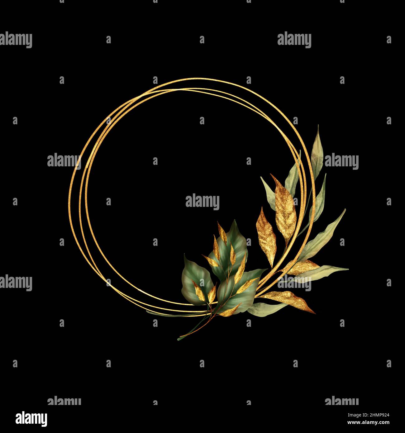 Green leaves and gold round frame on black background Stock Photo - Alamy