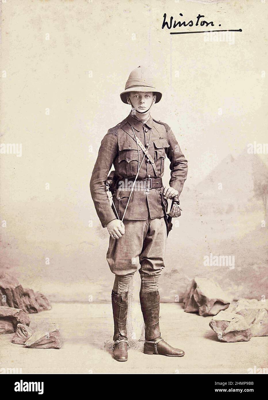Winston Churchill 1874-1965 in tropical uniform with pith helmet, spurs ...