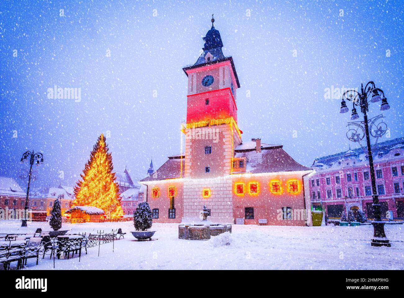 Brasov, Romania. Transylvania winter snowy frozen scene with Christmas ...