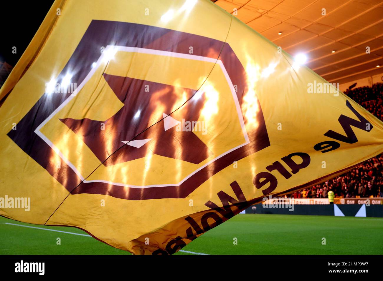 A Wolverhampton Wanderers flag is waved on the pitch ahead of the ...