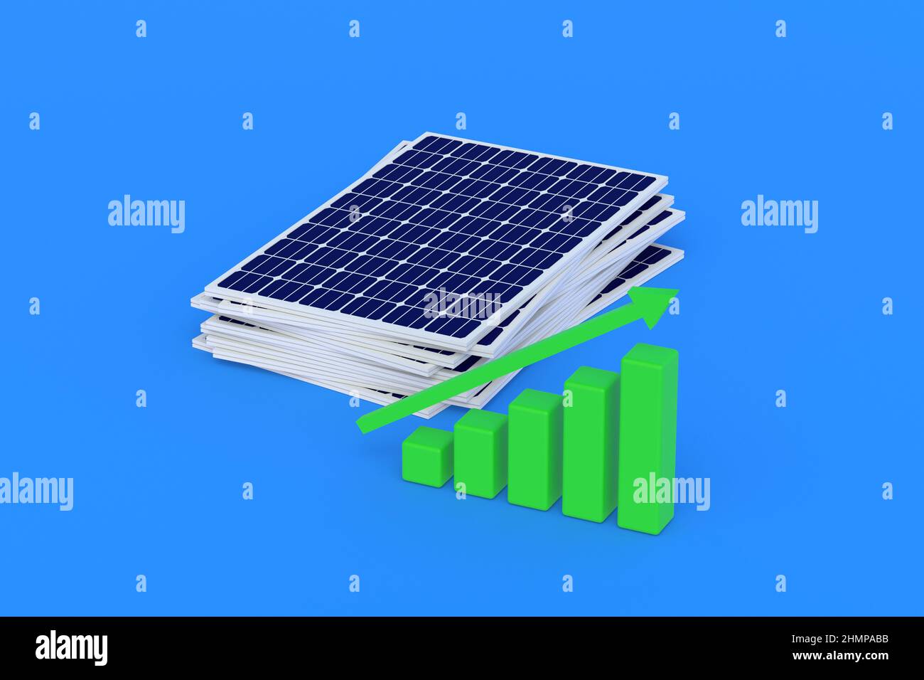 Heap of solar panels near graph. Positive growth dynamics, construction ...
