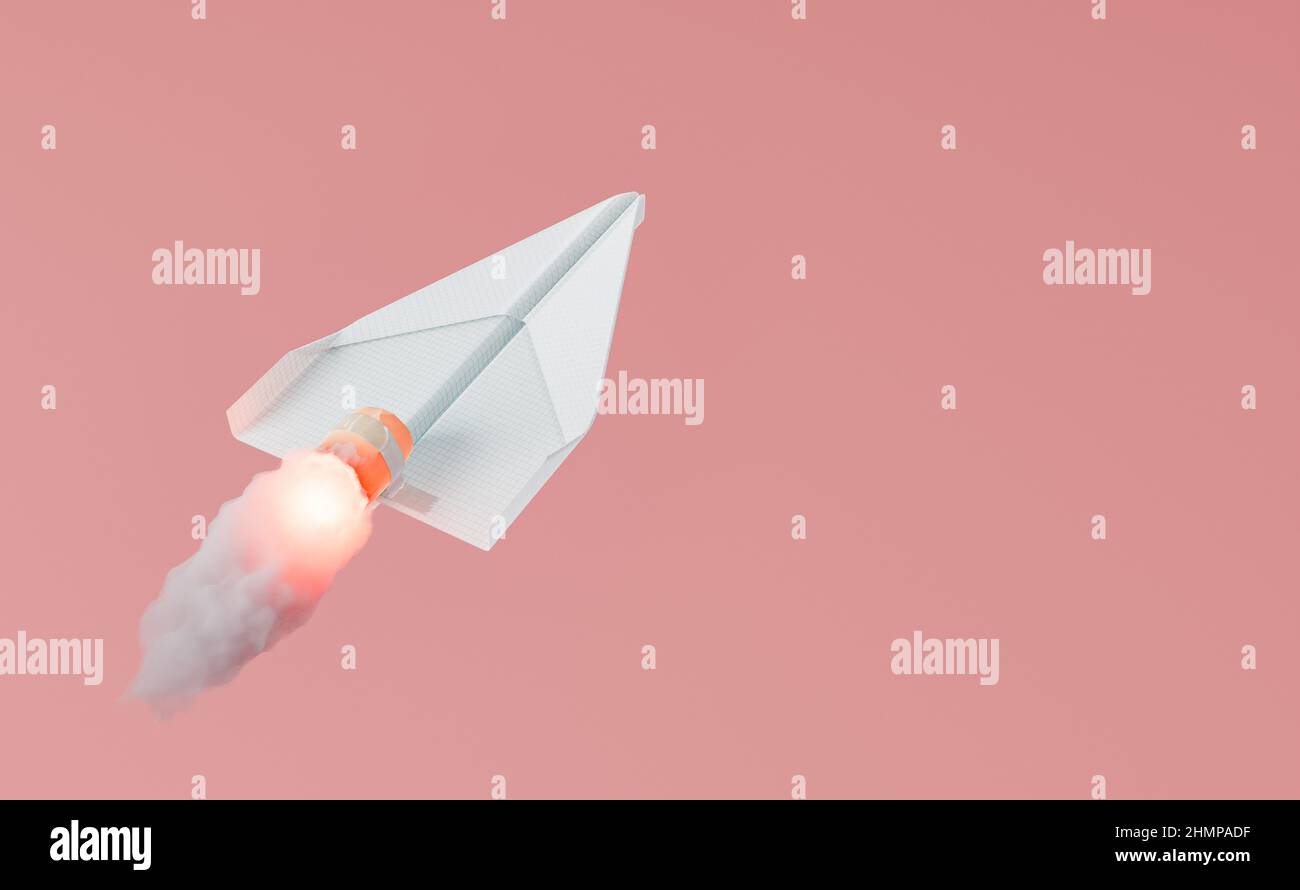 paper airplane with propeller releasing fire on red background. startup ...