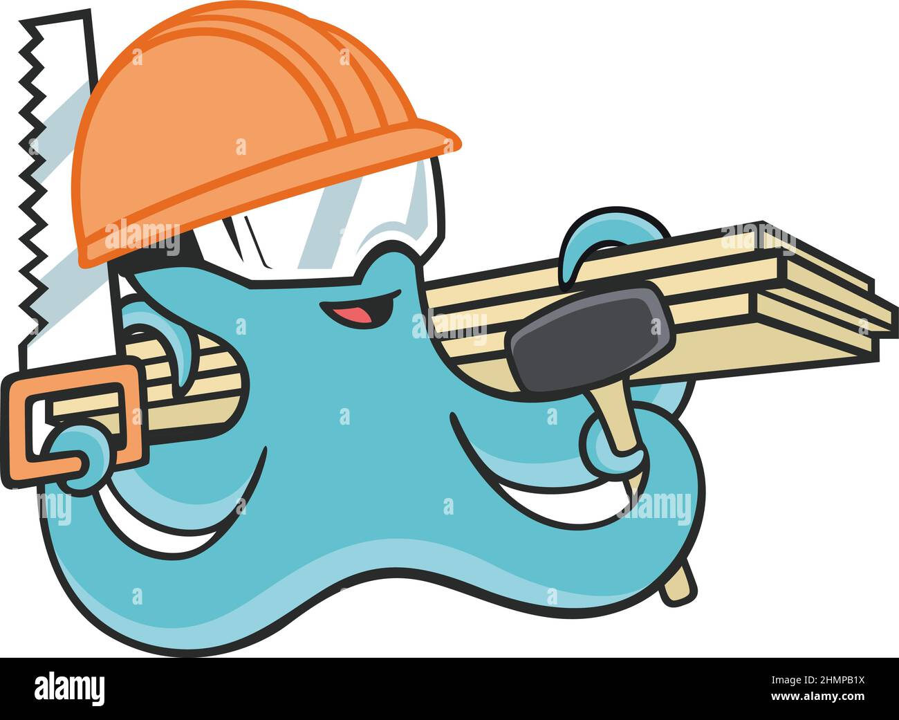 Worker Octopus Wears Orange Hardhat and Holding a Stack of Wood, Mallet ...