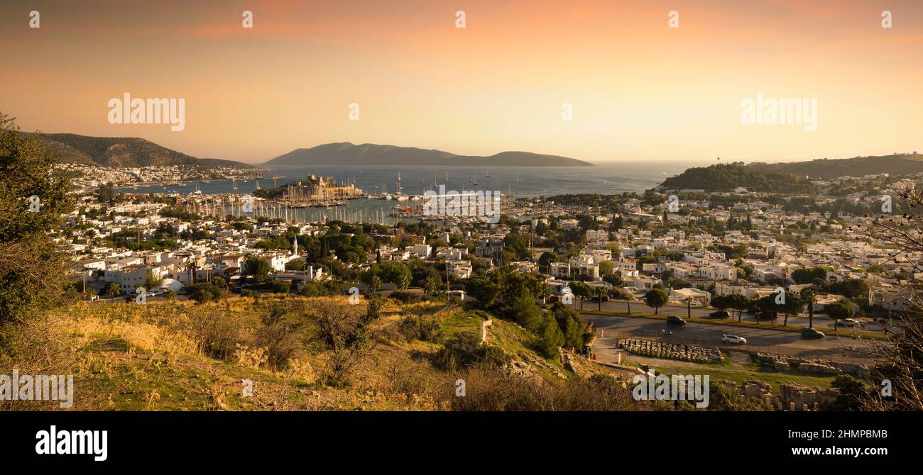 Top view of the sea with yacht in Bodrum harbor. City landscape with St ...
