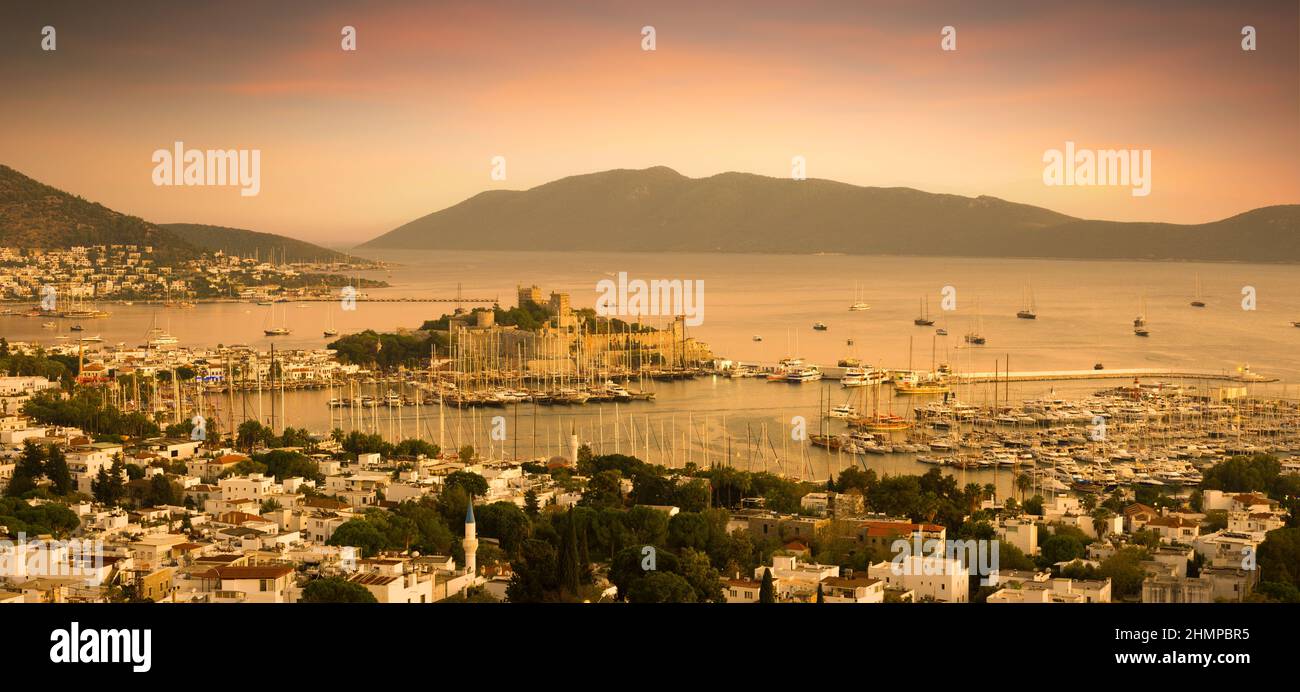 Top view of the sea with yacht in Bodrum harbor. City landscape with St ...