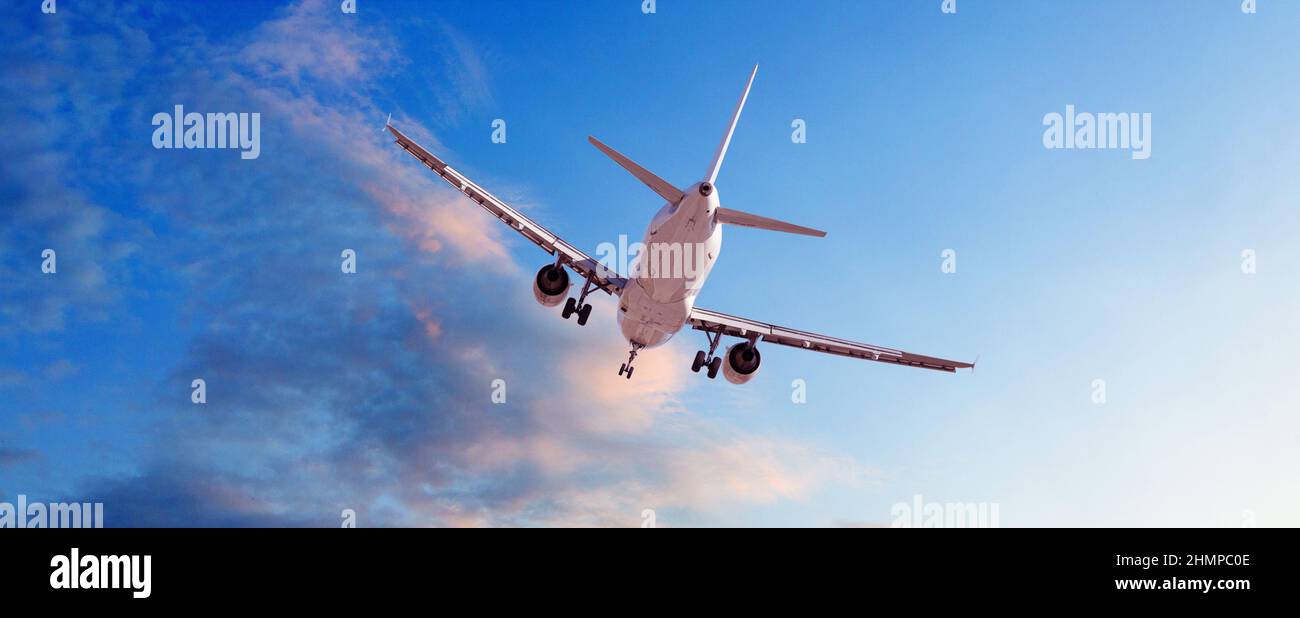 Sunset sky and airplane taking off ,sunrise sky and cloud at morning ...