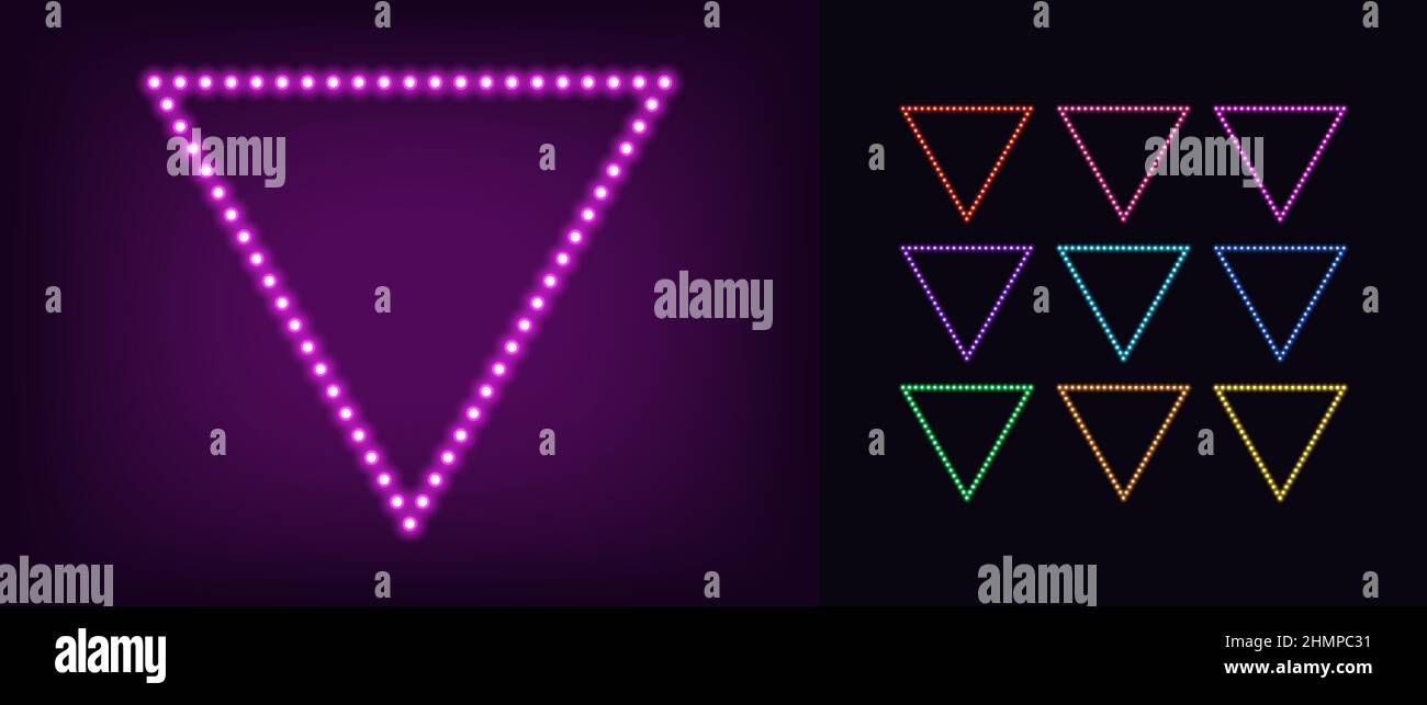 Neon triangle frame with lamps. Glowing neon triangle border set with ...