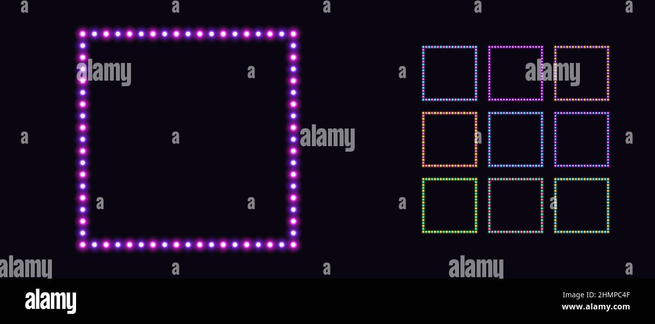 Neon square frame with bicolor lamps. Glowing neon square border set ...