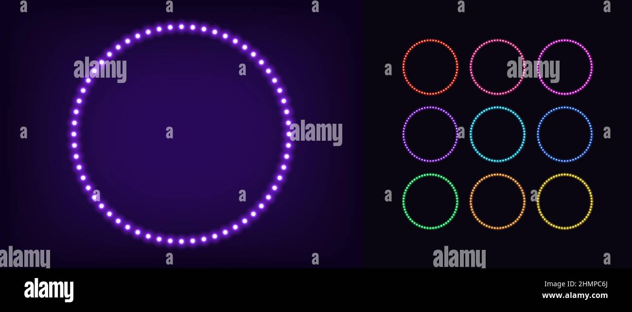 Neon circle frame with lamps. Glowing neon round border set with bulbs ...