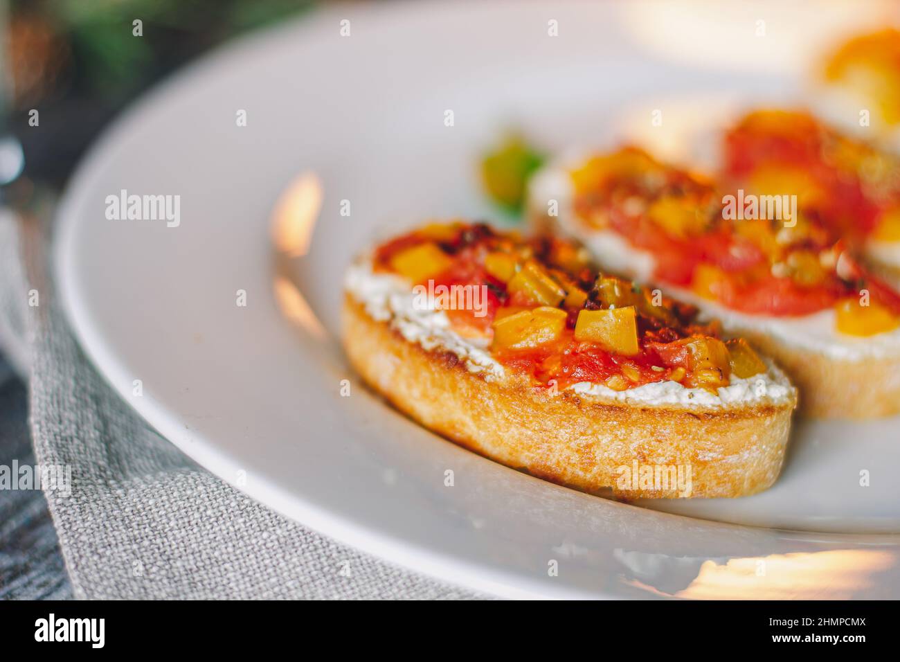 Catering table set service at restaurant before party. Canapes ...