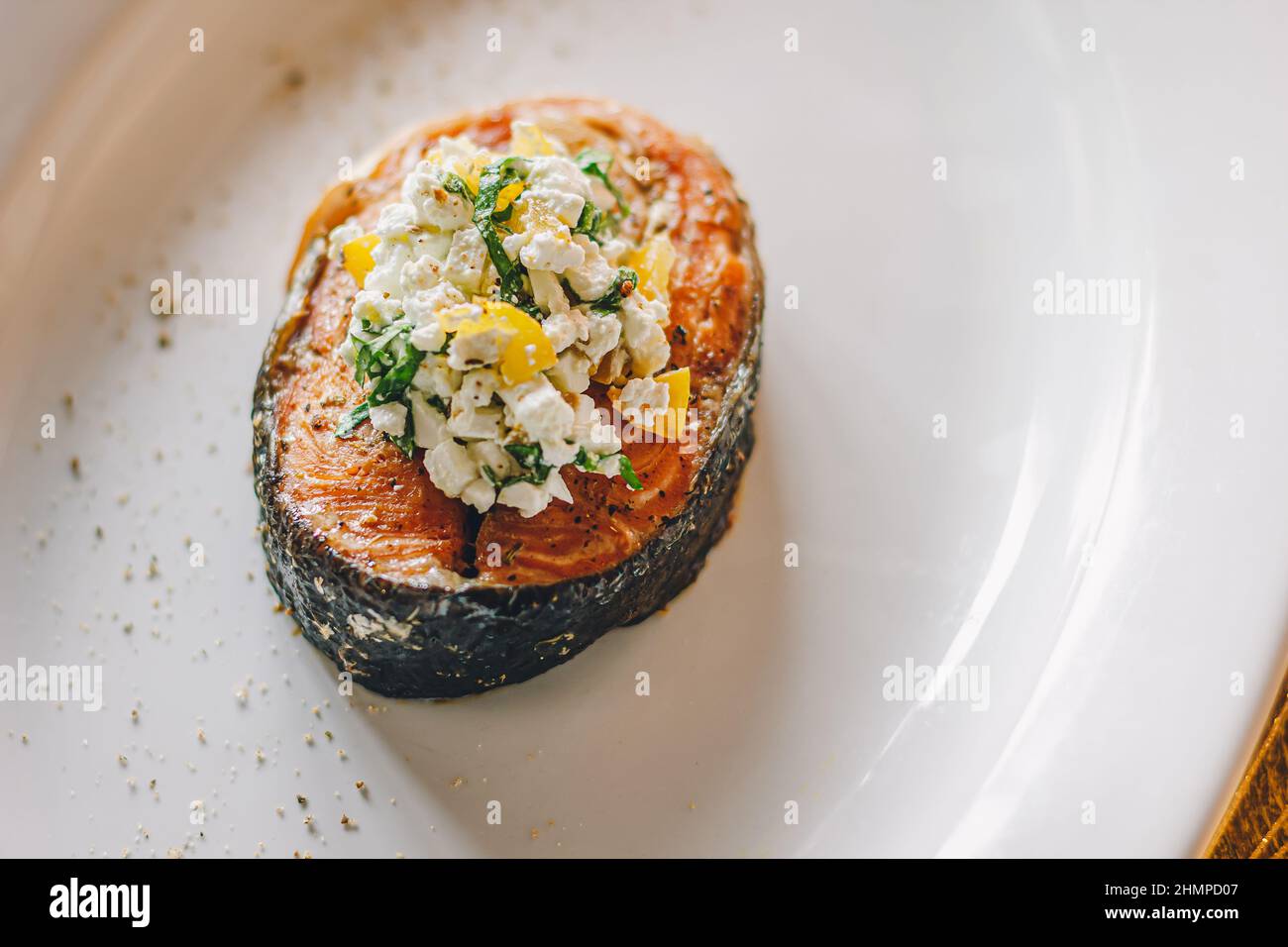 Catering table set service at restaurant before party. Fillet of salmon ...