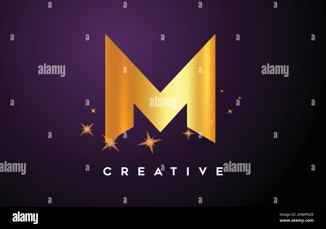 Gold M Letter Logo with Golden Glitter Stars and Gold Foil Texture Icon ...