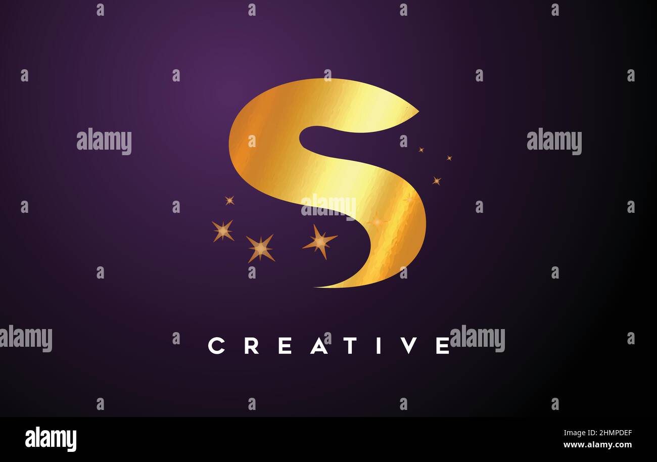 Gold S Letter Logo with Golden Glitter Stars and Gold Foil Texture Icon ...