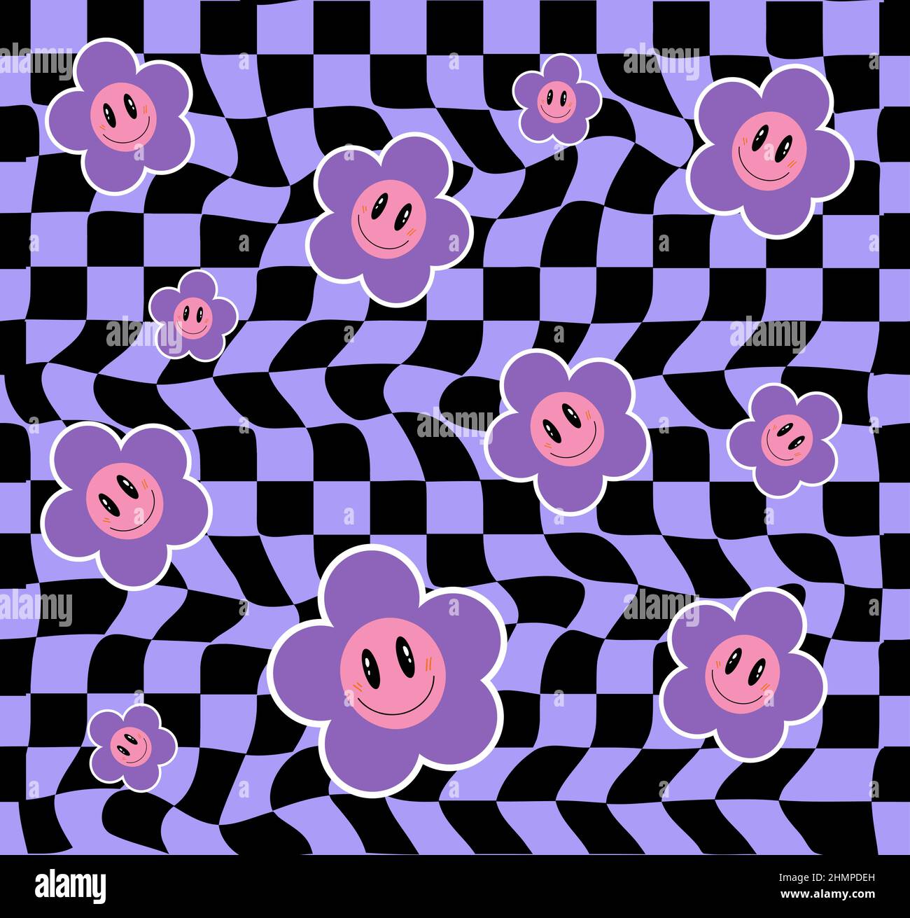 Retro 70s flowers with distorted checkered seamless pattern background ...