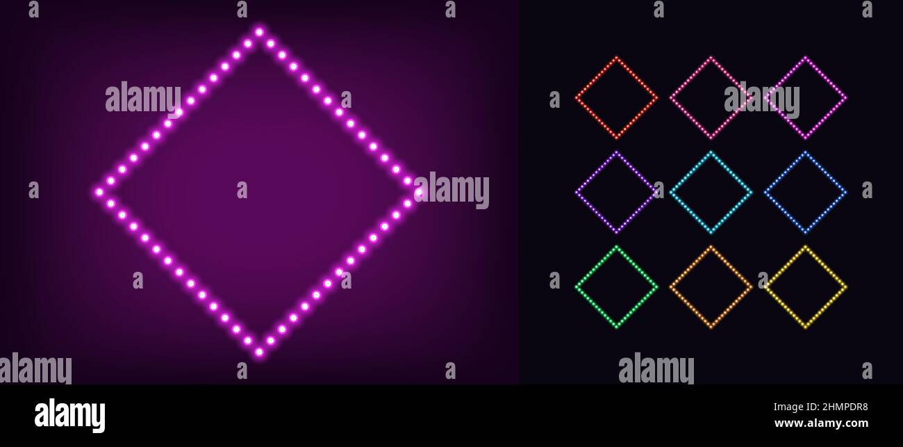 Neon rhomb frame with lamps. Glowing neon rhombus border set with bulbs ...