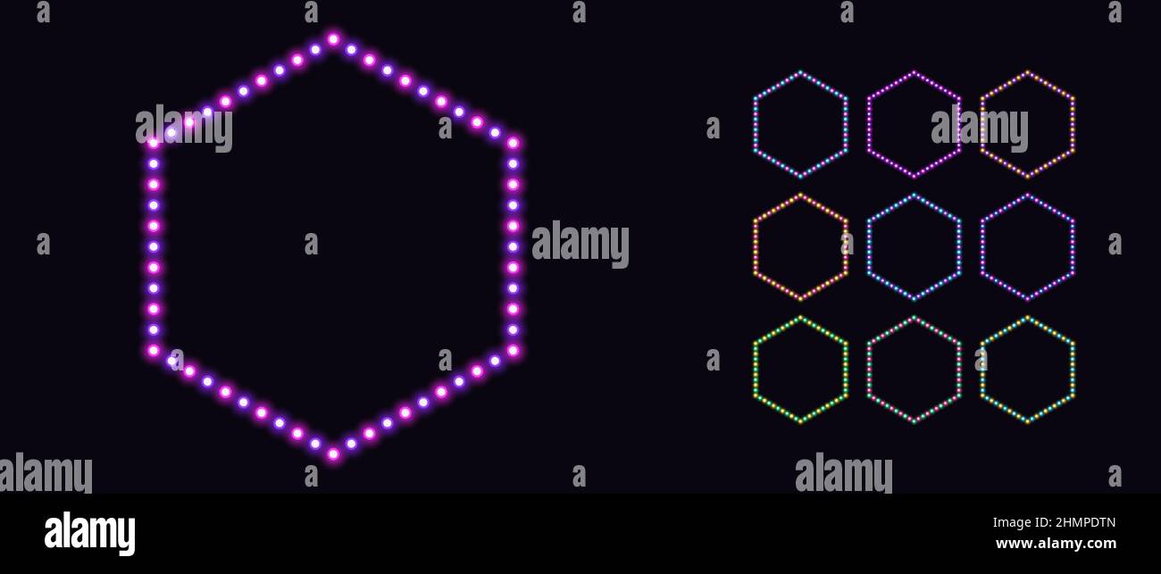 Neon hexagon frame with bicolor lamps. Glowing neon hexagon border set ...