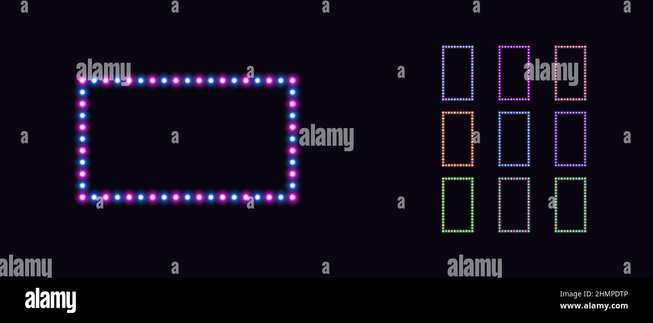 Neon rectangle frame with bicolor lamps. Glowing neon rectangle border ...