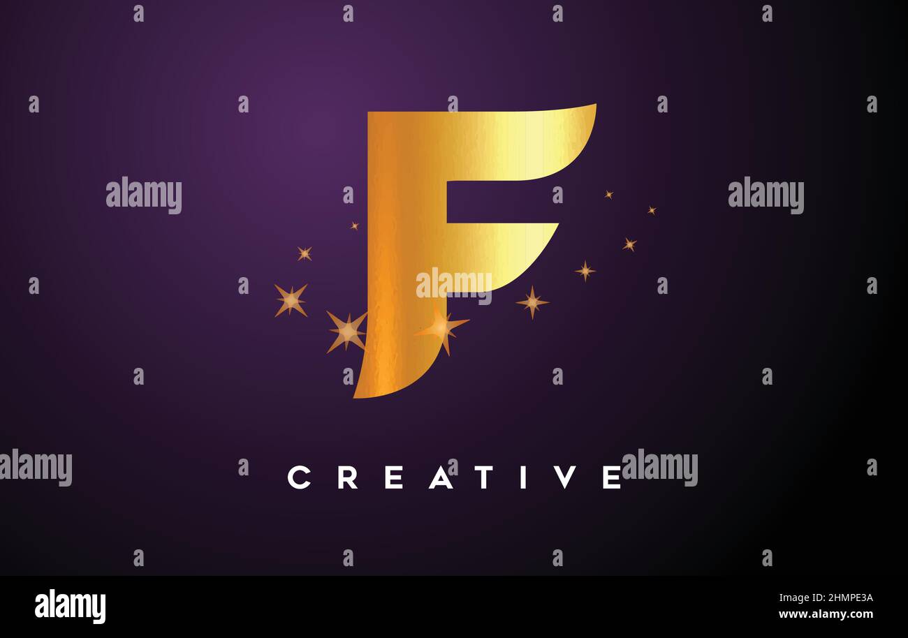 Gold F Letter Logo with Golden Glitter Stars and Gold Foil Texture Icon ...