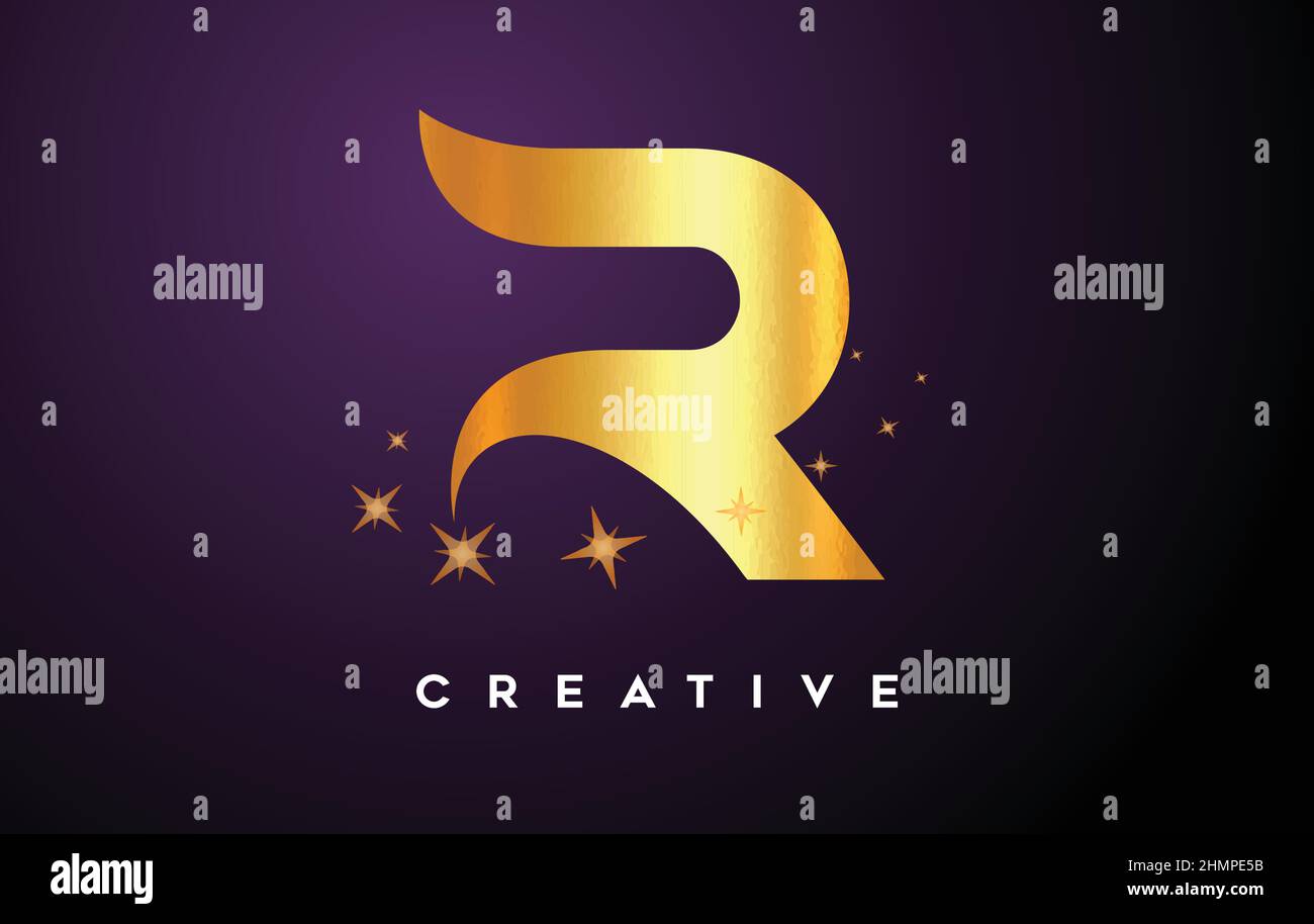 Gold R Letter Logo with Golden Glitter Stars and Gold Foil Texture Icon ...