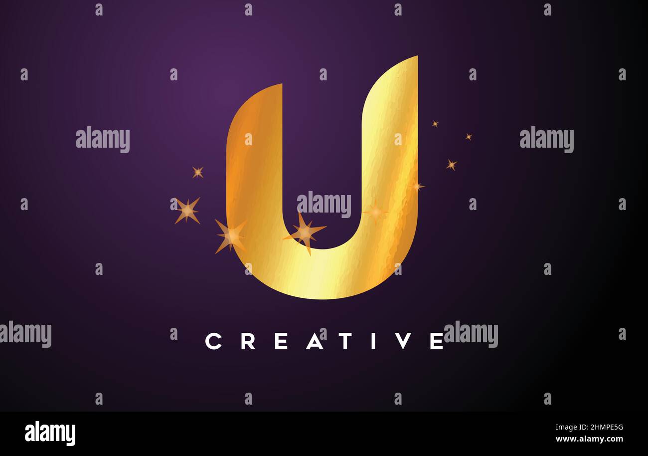Gold U Letter Logo with Golden Glitter Stars and Gold Foil Texture Icon ...